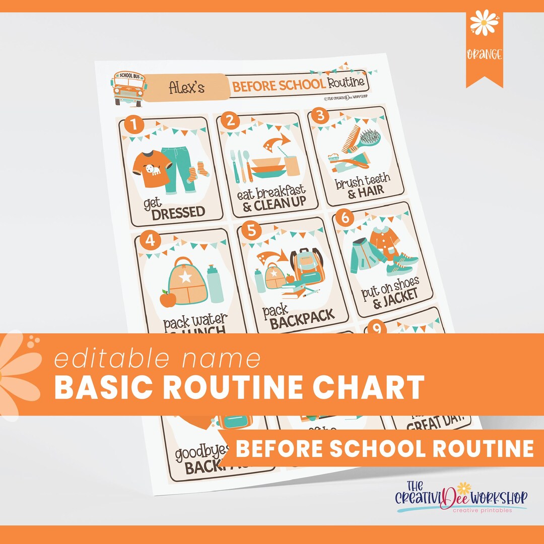 Before School Routine Chart for Children, Orange Daily Rhythm Checklist ...