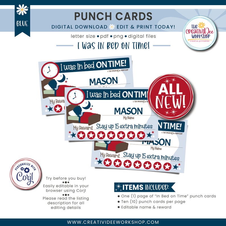 Printable in Bed on Time Punch Card for Children, Blue Evening Routine ...
