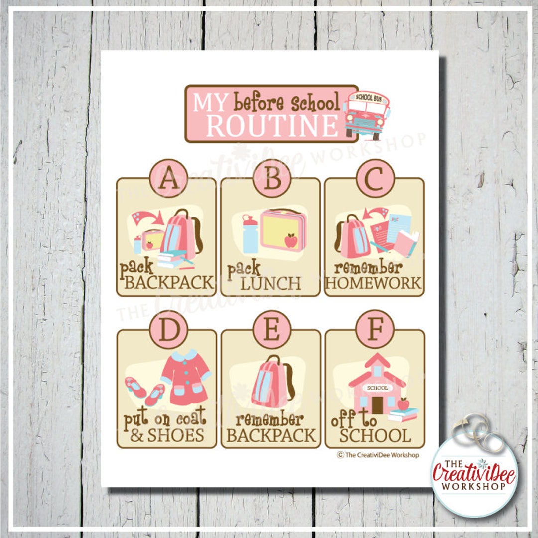 Before School Routine Chart, Pink, Print at Home, Children's School Day ...