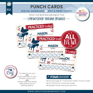Printable Practice Piano Punch Card, Editable Name and Time, Music ...
