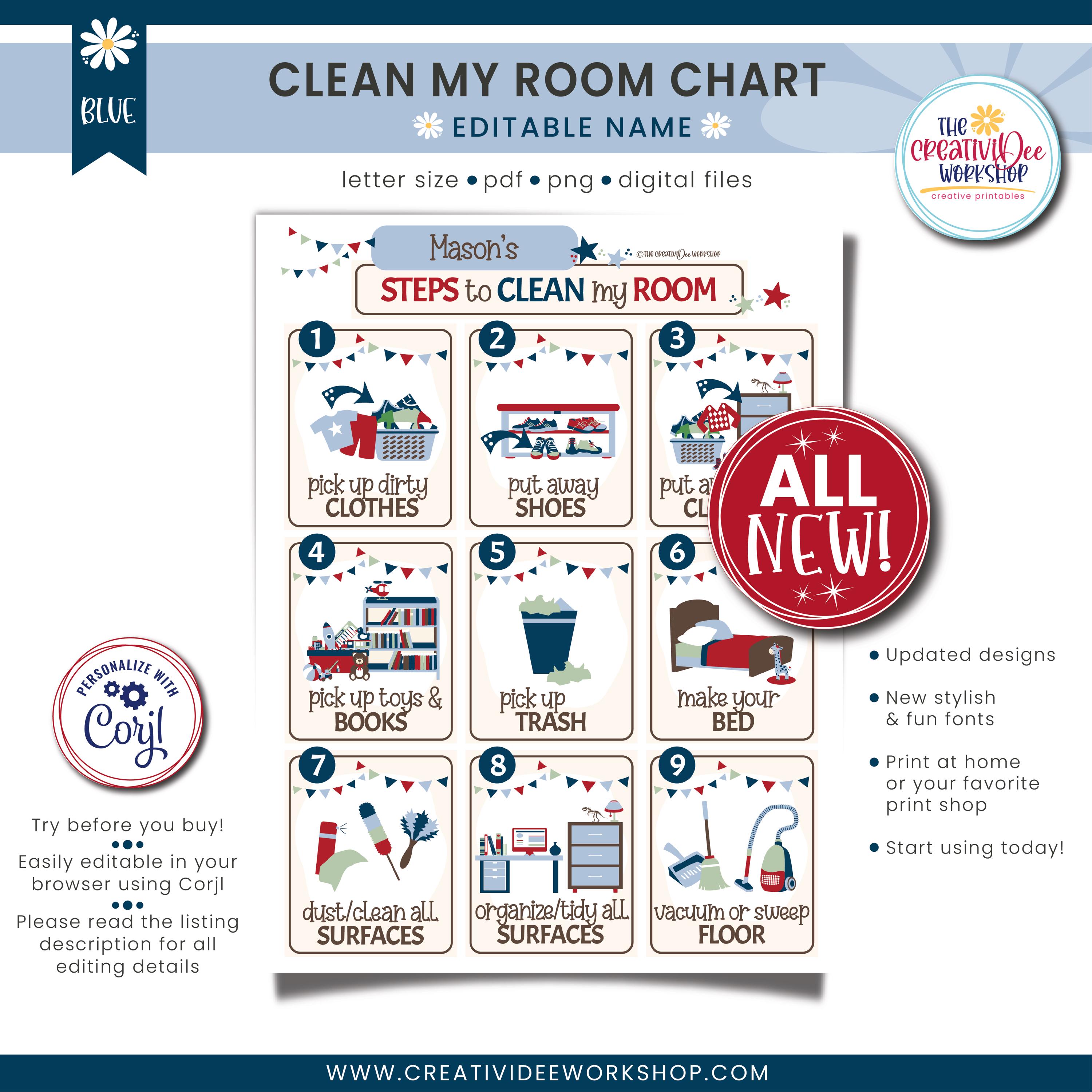 Printable Clean My Room Chart With Editable Name, Kid's Personalized ...
