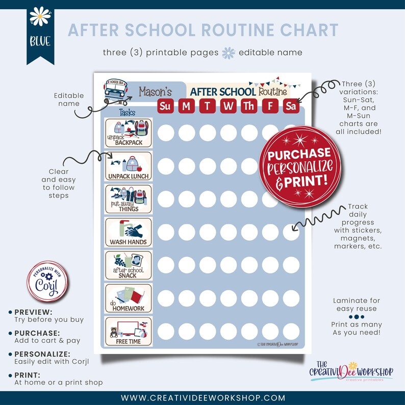 Printable After School Routine Chart for Kids - Daily Schedule for ...