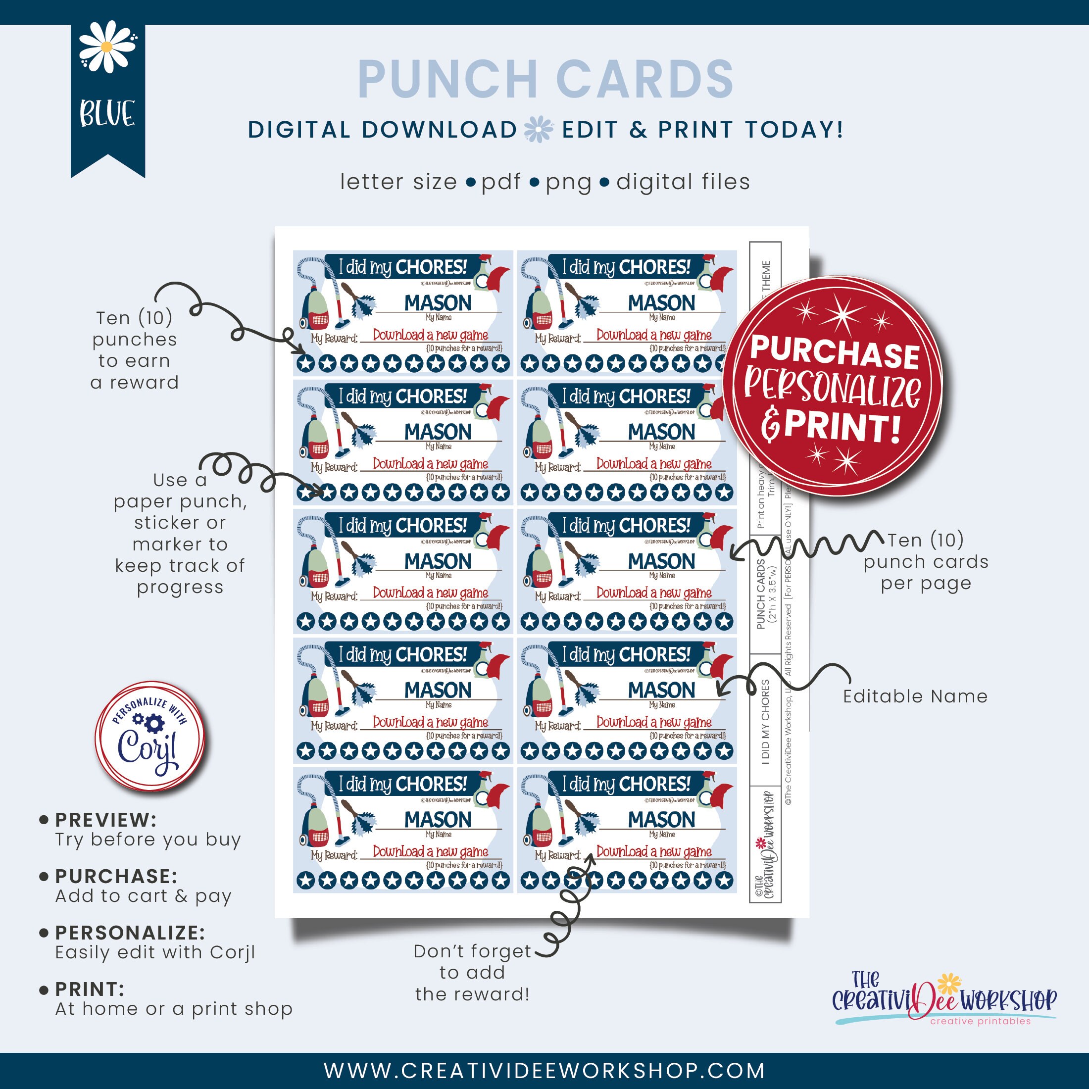 Printable Chore Punch Cards for Children, Editable Name and Reward ...