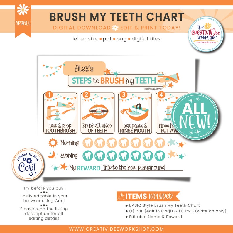 Printable Brush My Teeth Chart for Children, Editable Name and Reward ...