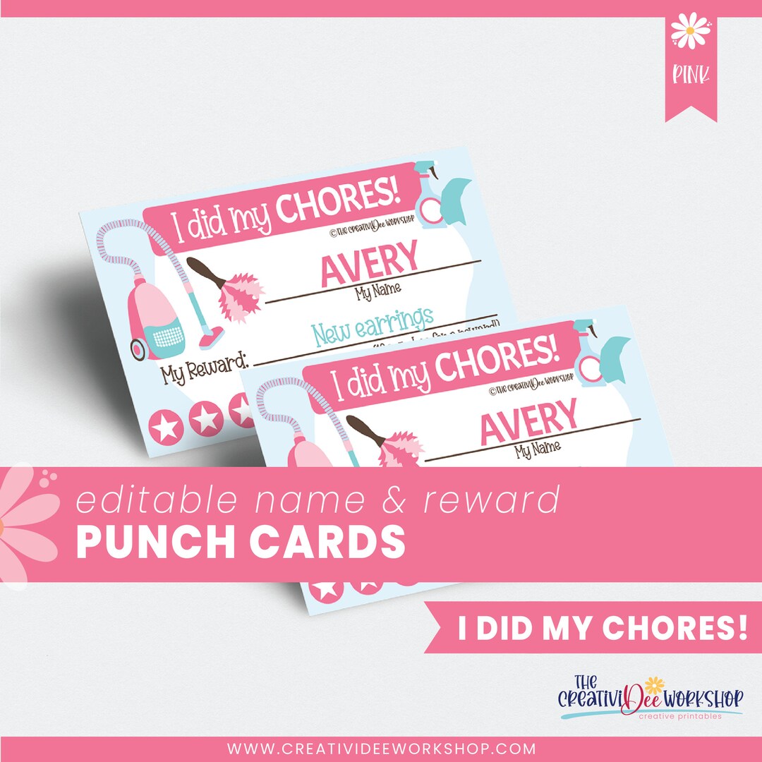 Printable Chore Punch Card for Children, Editable Name & Reward, Pink ...