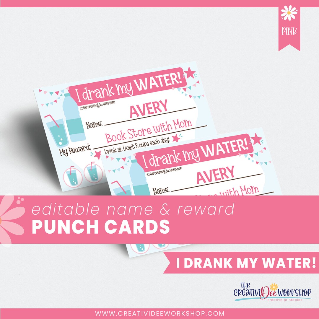 Water Tracker Punch Cards, Editable Name and Reward, Healthy Habit ...