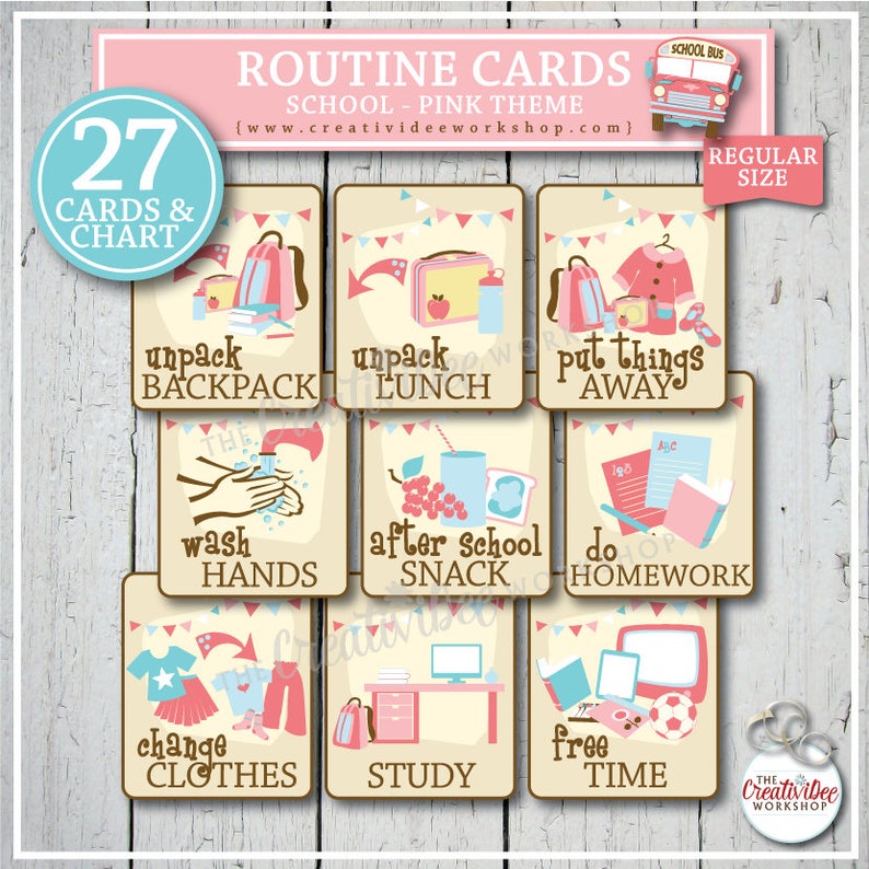 Printable SCHOOL Routine Cards for Kids Pink 27 Regular Size | Etsy