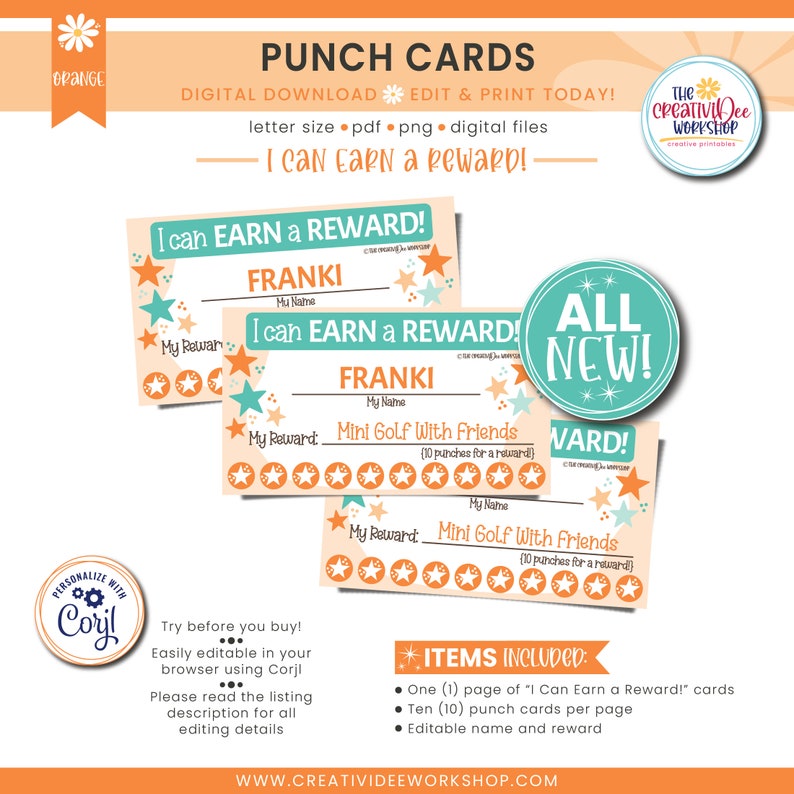Printable Reward Punch Card for Children, Incentive for Kids, Orange ...