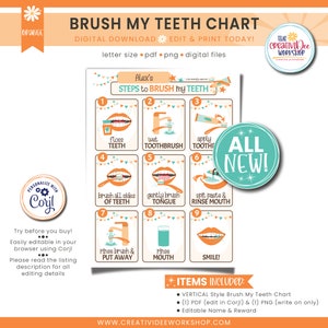 Printable Brush My Teeth Chart, Children's Routine, Editable Name ...