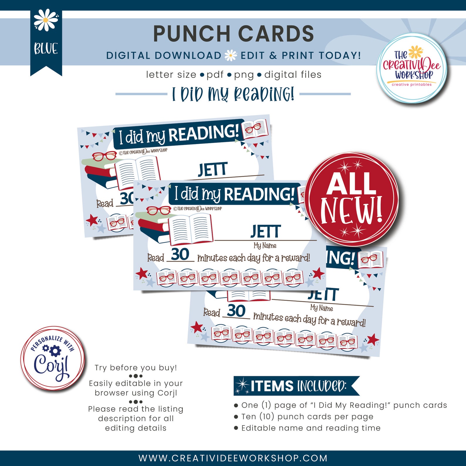 Printable Reading Punch Card for Kids, Editable Name and Time, Blue ...