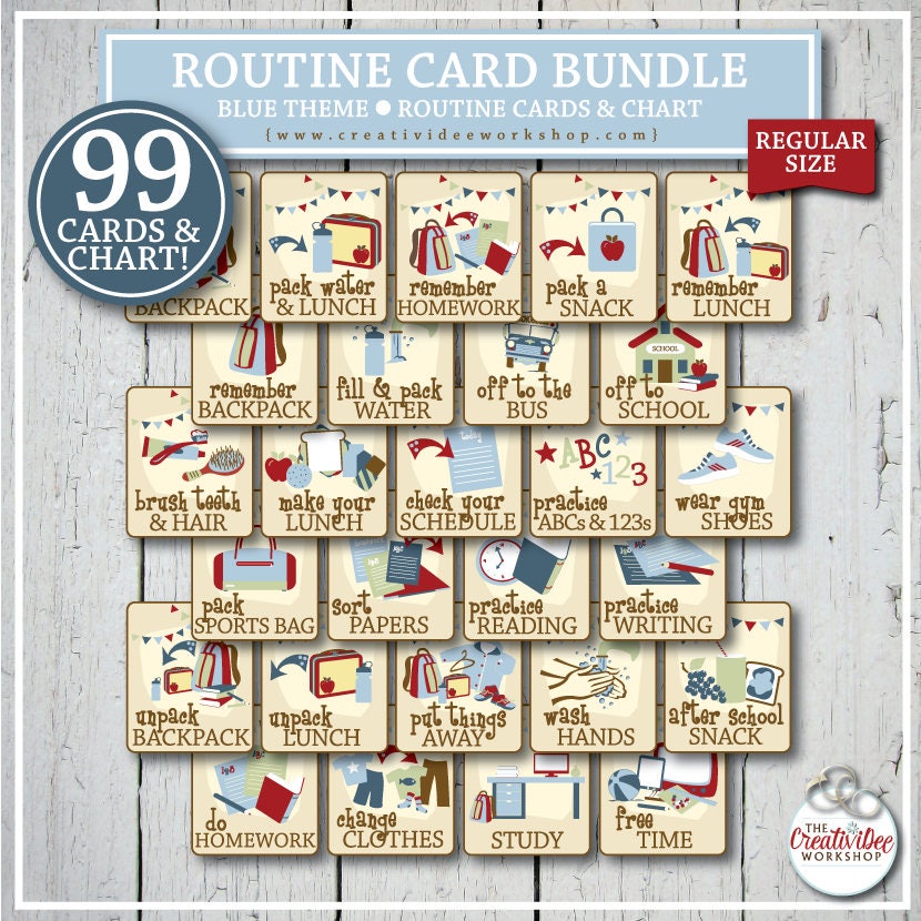 Printable ROUTINE CARD BUNDLE for Children, 99 Blue Cards, Regular Size ...