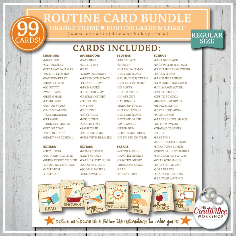 Printable ROUTINE CARD BUNDLE for Kids 99 Orange Cards | Etsy
