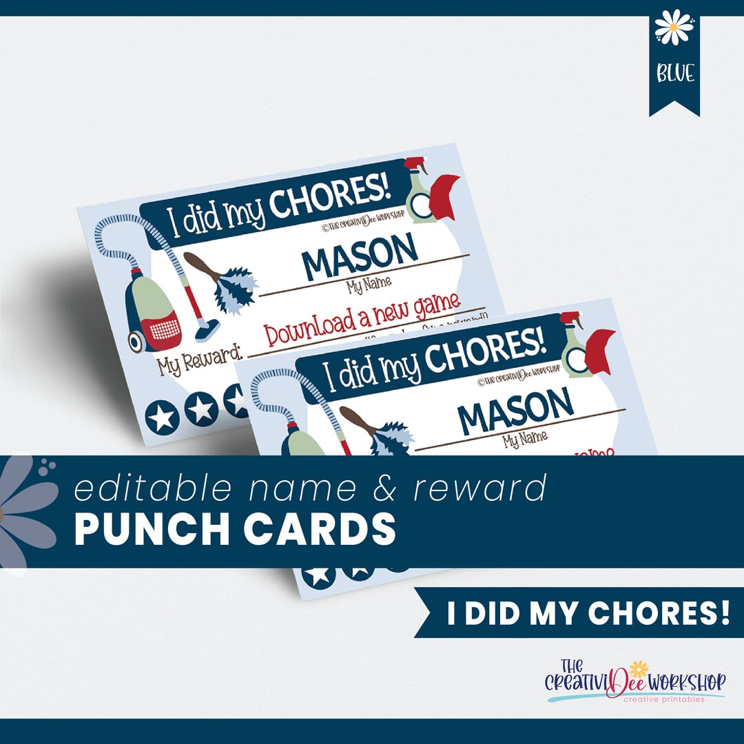 Printable Chore Punch Cards for Children, Editable Name and Reward ...