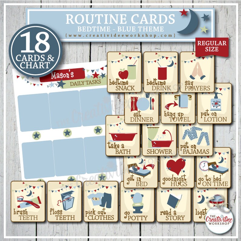 Bedtime Routine Cards for Children 18 Printable Blue Cards - Etsy