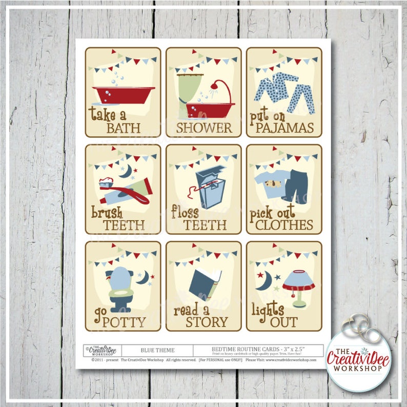Bedtime Routine Cards for Children 18 Printable Blue Cards - Etsy