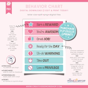 Printable Behavior Chart, Editable, Pink Theme, Children's Learning ...