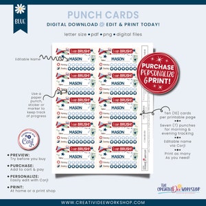 Printable Brush Teeth Punch Card for Children, Editable Name, Blue ...