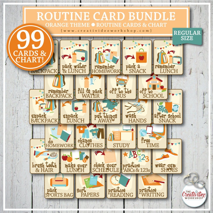 Printable ROUTINE CARD BUNDLE for Kids 99 Orange Cards | Etsy
