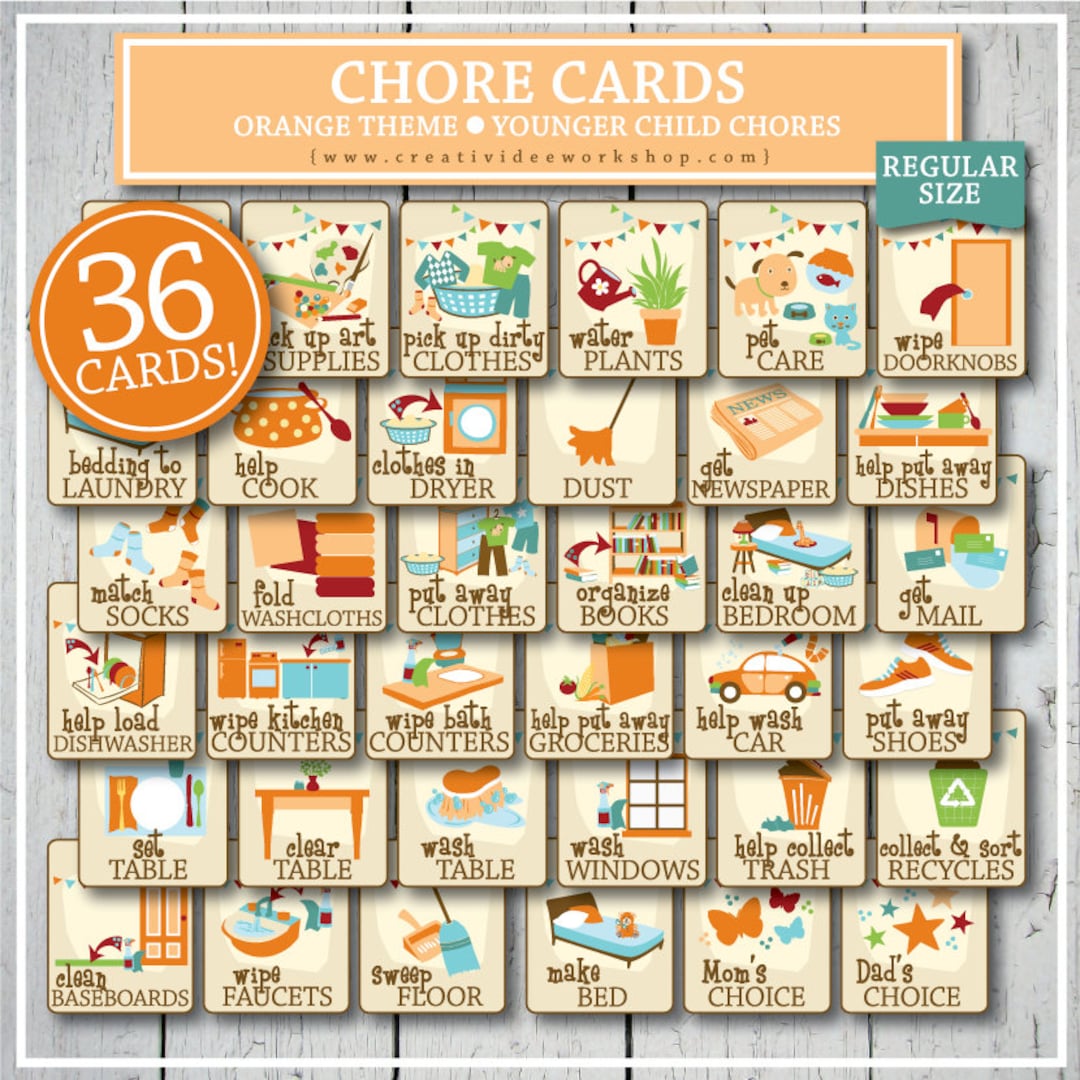 Printable Chore Cards for Younger Children, Orange, 36 Cards and Chart ...
