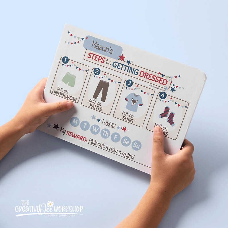 Getting Dressed Chart for Kids, Printable Blue Preschool Prep Chart ...