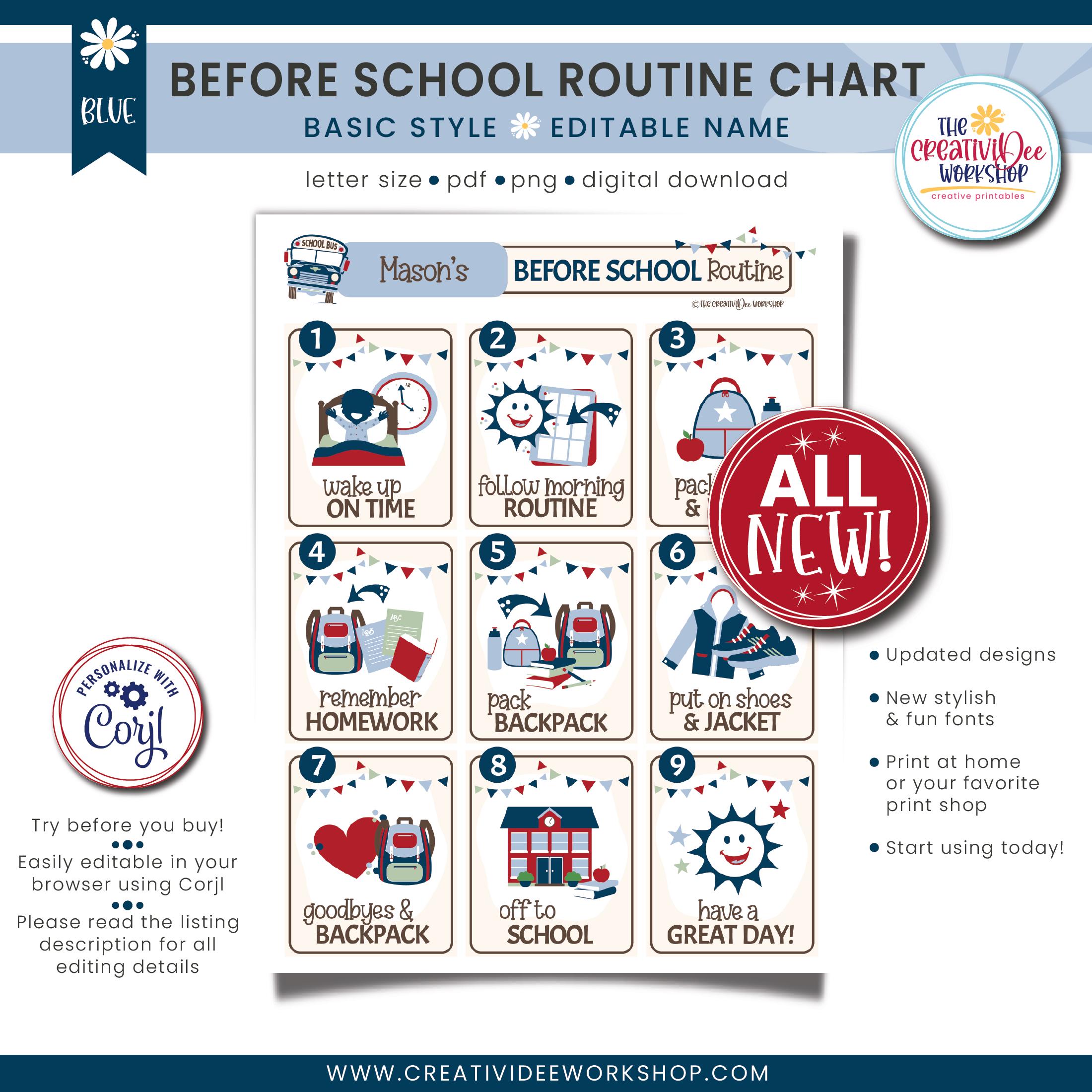 Before School Routine Chart for Children, Blue Basic Daily Rhythm Chart ...