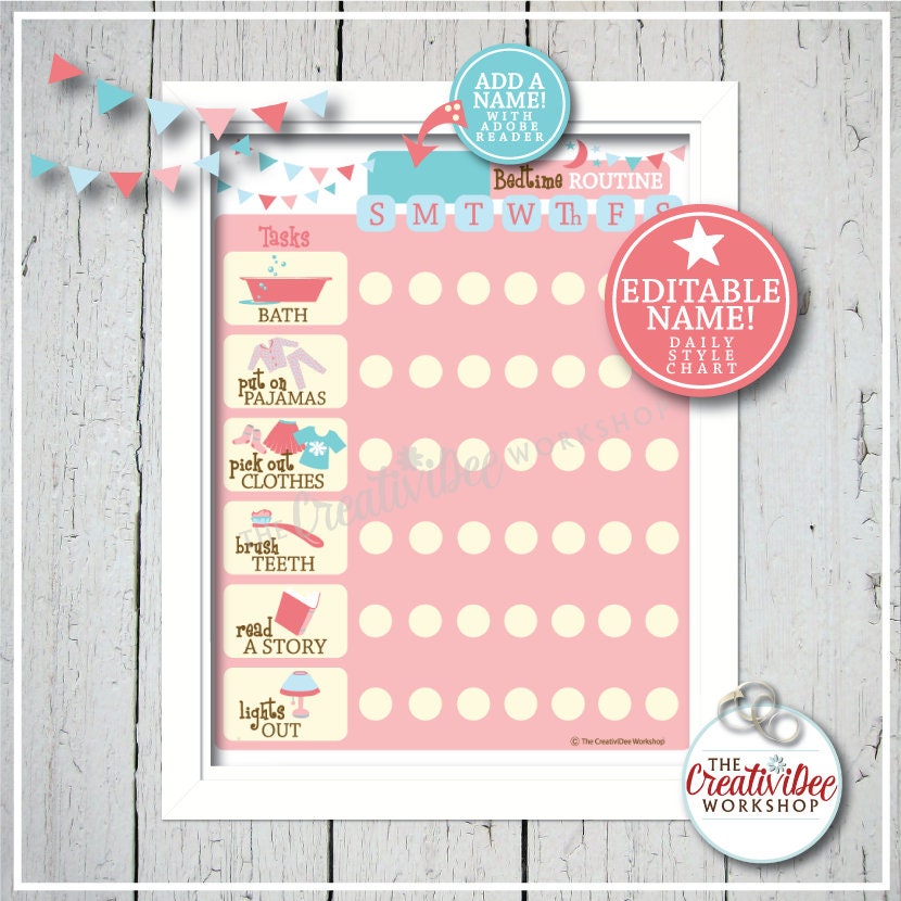 Printable Bedtime Routine Chart for Kids, EDITABLE NAME, Pink, Girl ...