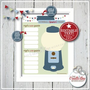 Printable Reward Chart, Blue, Gumball Reward System for Boys, Editable ...