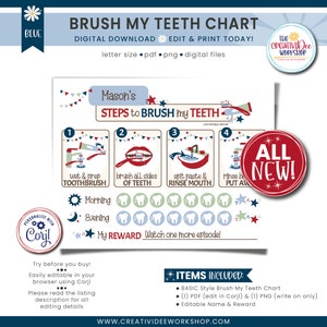 Printable Brush My Teeth Chart, Children's Daily Routine, Editable Name ...