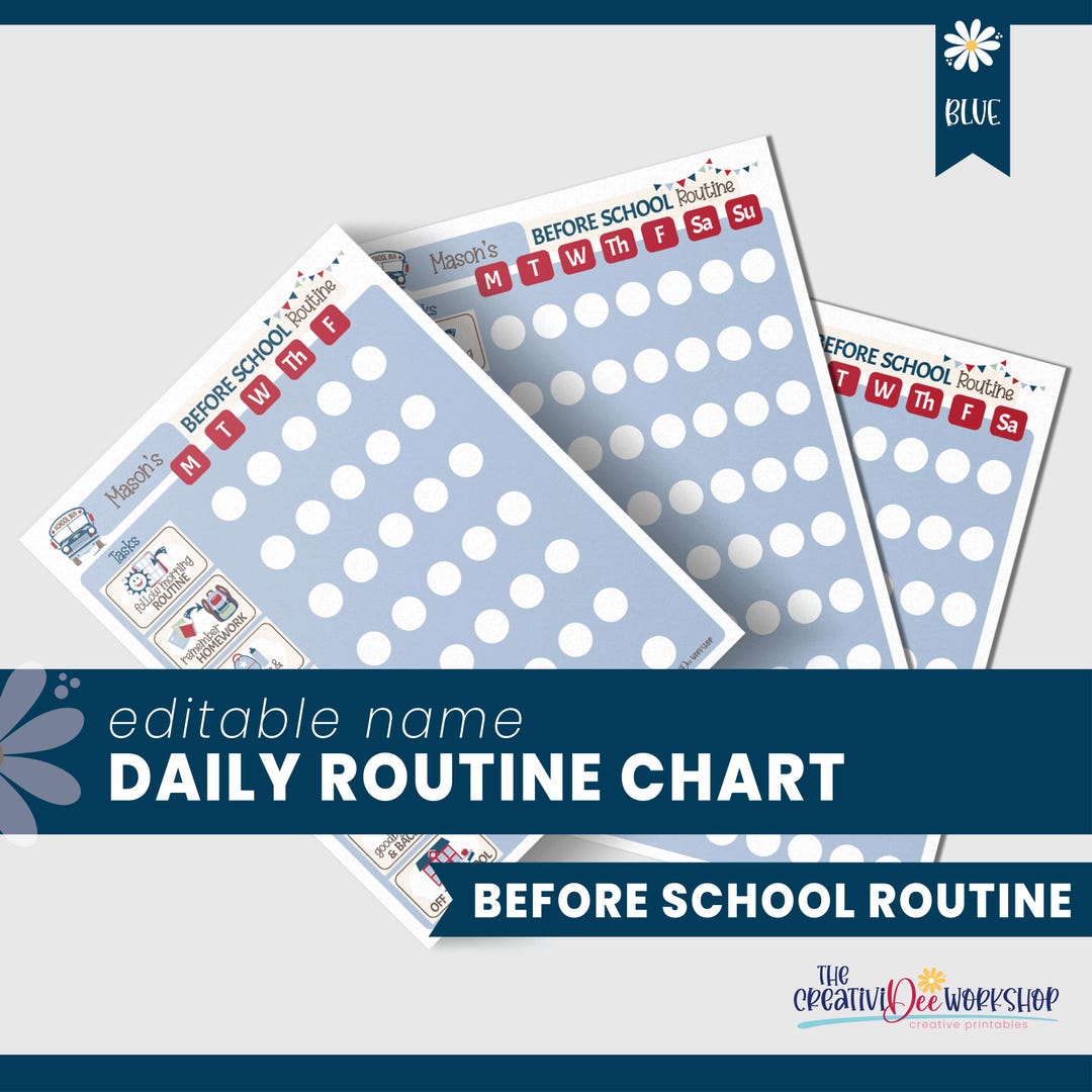 Printable Before School Daily Routine Chart for Kids With Editable Name ...