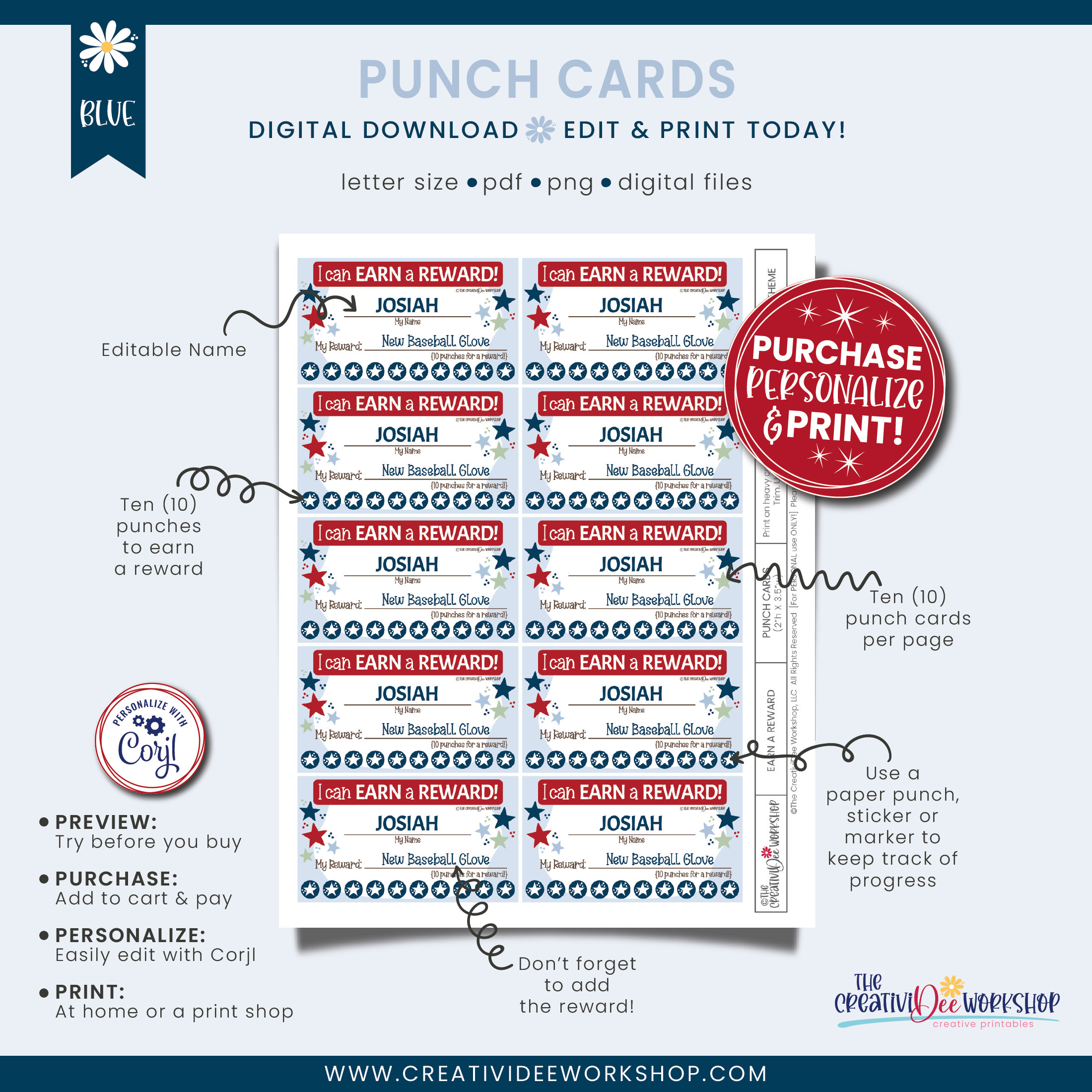 Printable Punch Card for Children, Kid's Incentives, Blue, Editable ...
