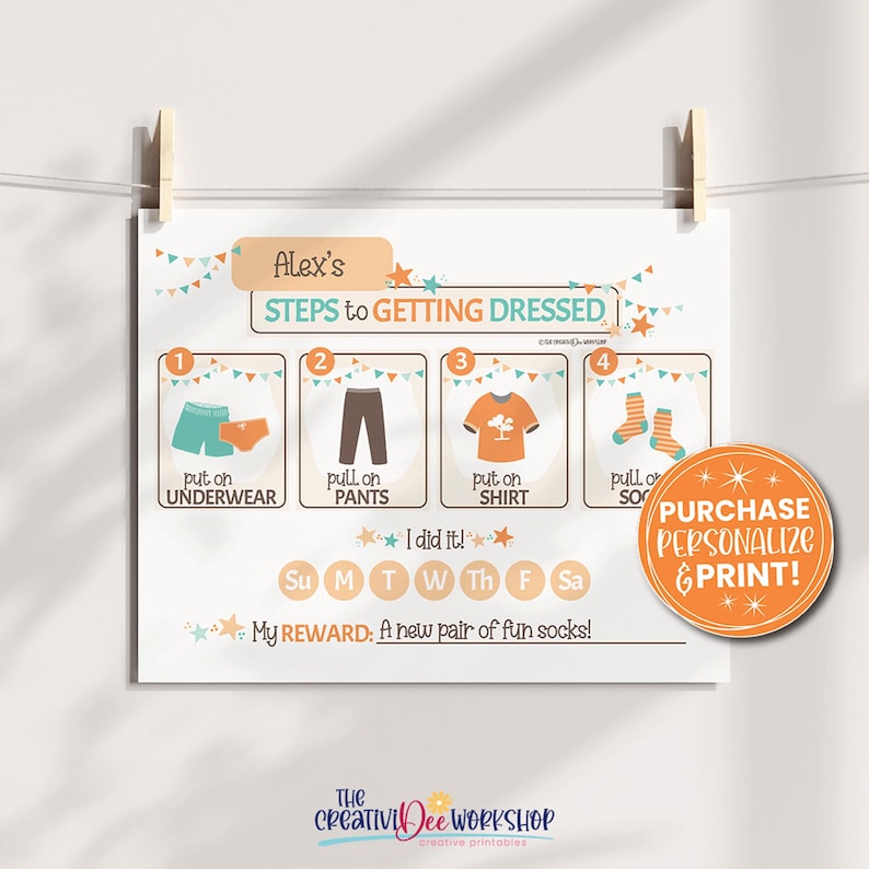 Getting Dressed Chart for Kids, Printable Orange Toddler Routine Chart ...