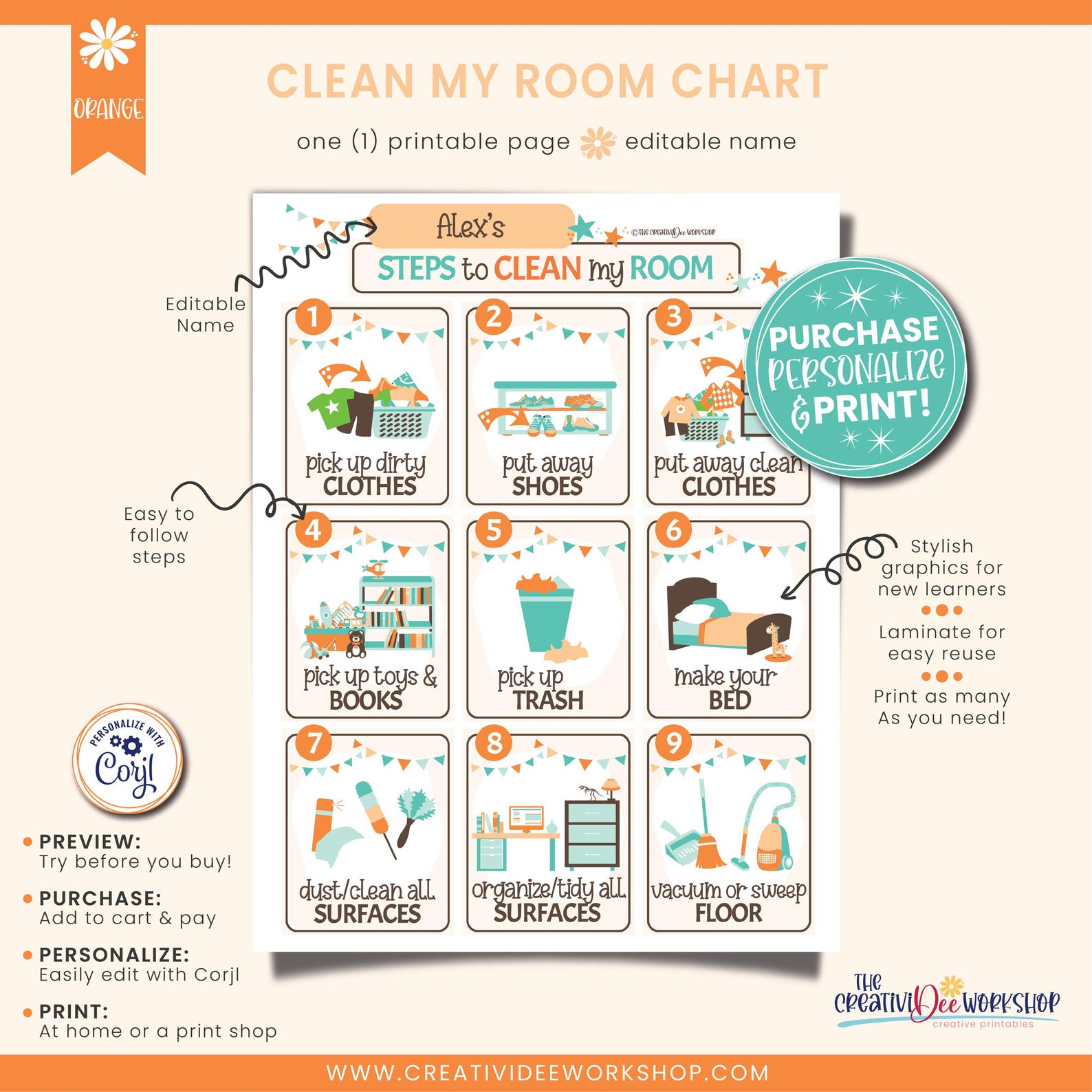 Printable Clean My Room Chart With Editable Name, Children's ...