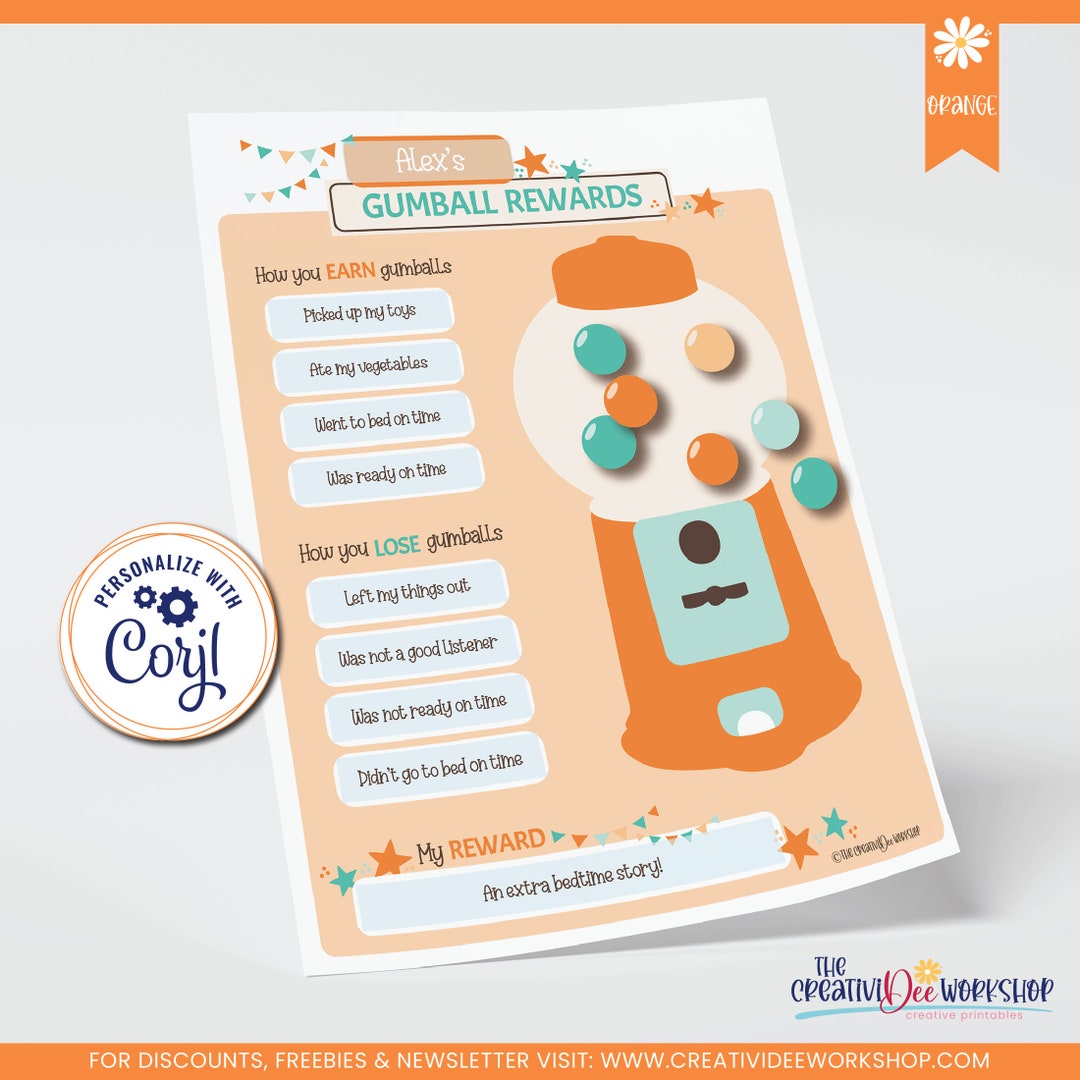 Printable Children's Gumball Reward Chart, Editable, Personalizable ...