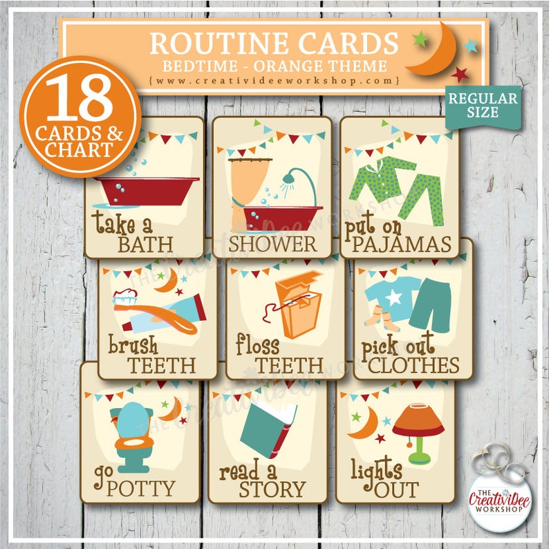 Bedtime Routine Cards for Children 18 Printable Orange Cards - Etsy