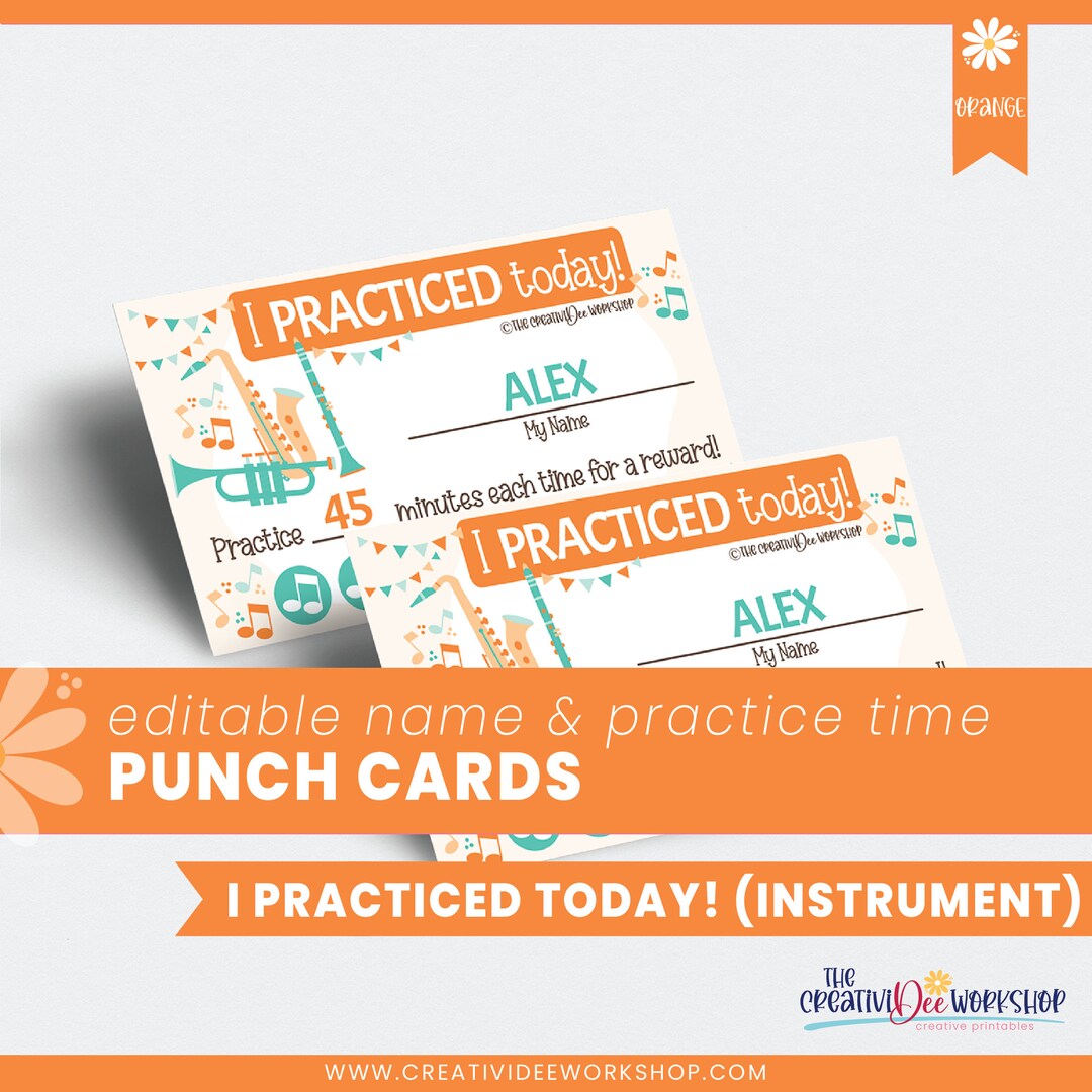 Practiced Instrument Punch Card for Kids, Editable Name and Practice ...