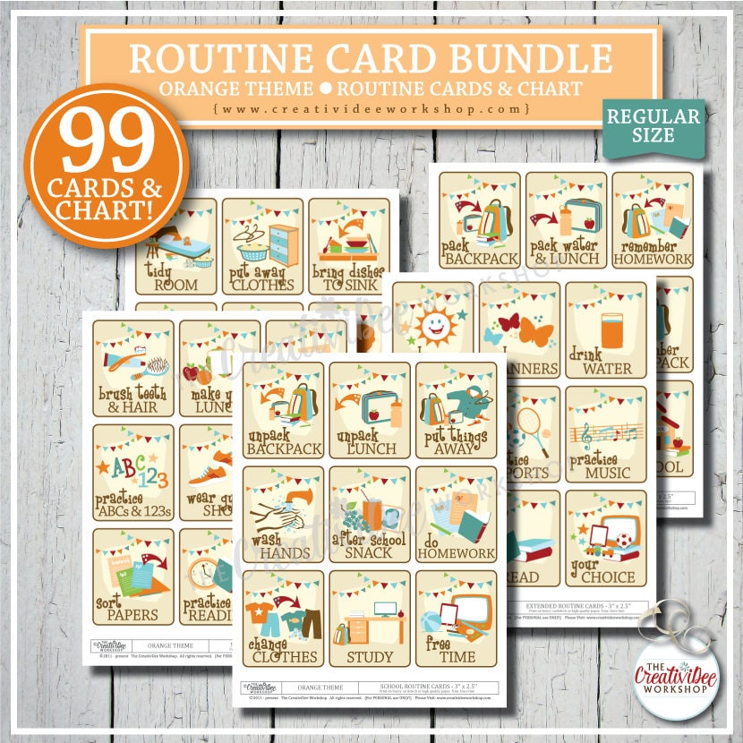 Printable ROUTINE CARD BUNDLE for Kids 99 Orange Cards | Etsy