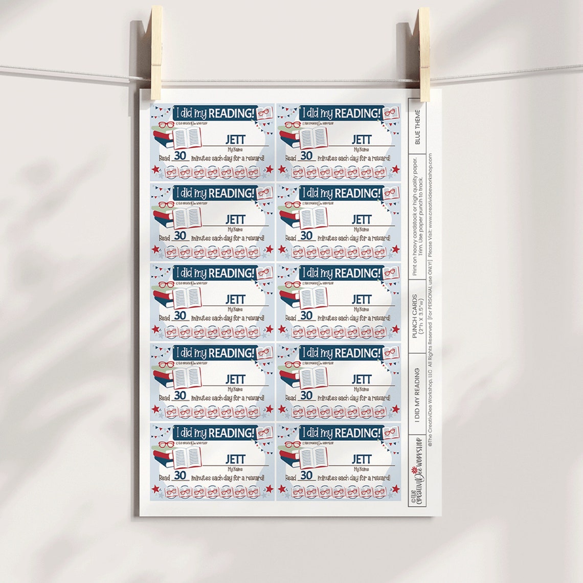 Printable Reading Punch Card for Kids, Blue, Editable Name & Reward ...
