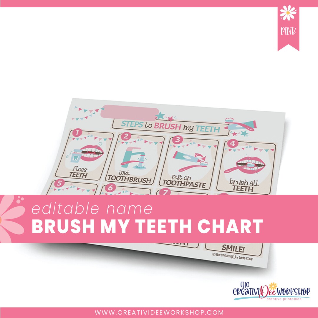 Brush My Teeth Routine Chart, Editable Name, Children's Printable, Pink ...