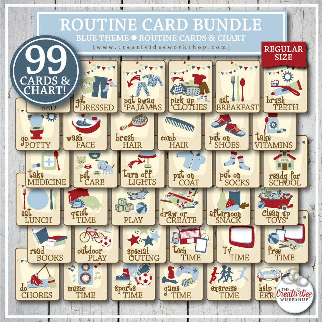 Printable ROUTINE CARD BUNDLE for Children, 99 Blue Cards, Regular Size ...