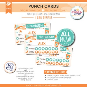 Brush Teeth Punch Card for Children, Editable Name, Orange Printable ...