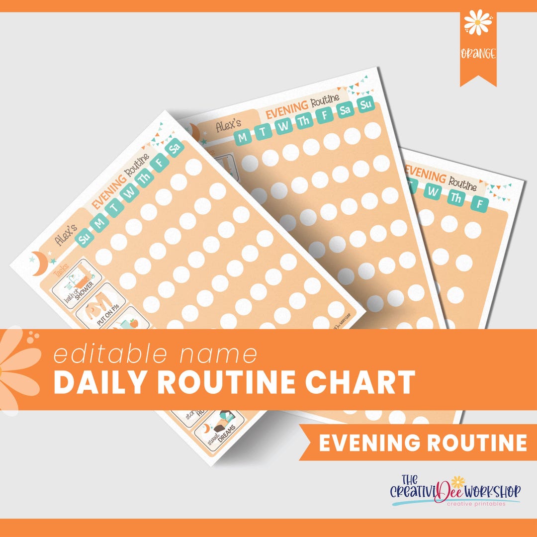 Evening Printable Routine Chart for Children With Editable Name - Kid's ...