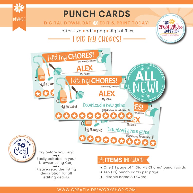 Printable Chore Punch Cards for Children, Editable Name and Reward ...