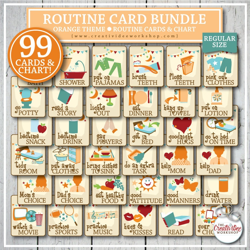 Printable ROUTINE CARD BUNDLE for Kids 99 Orange Cards | Etsy