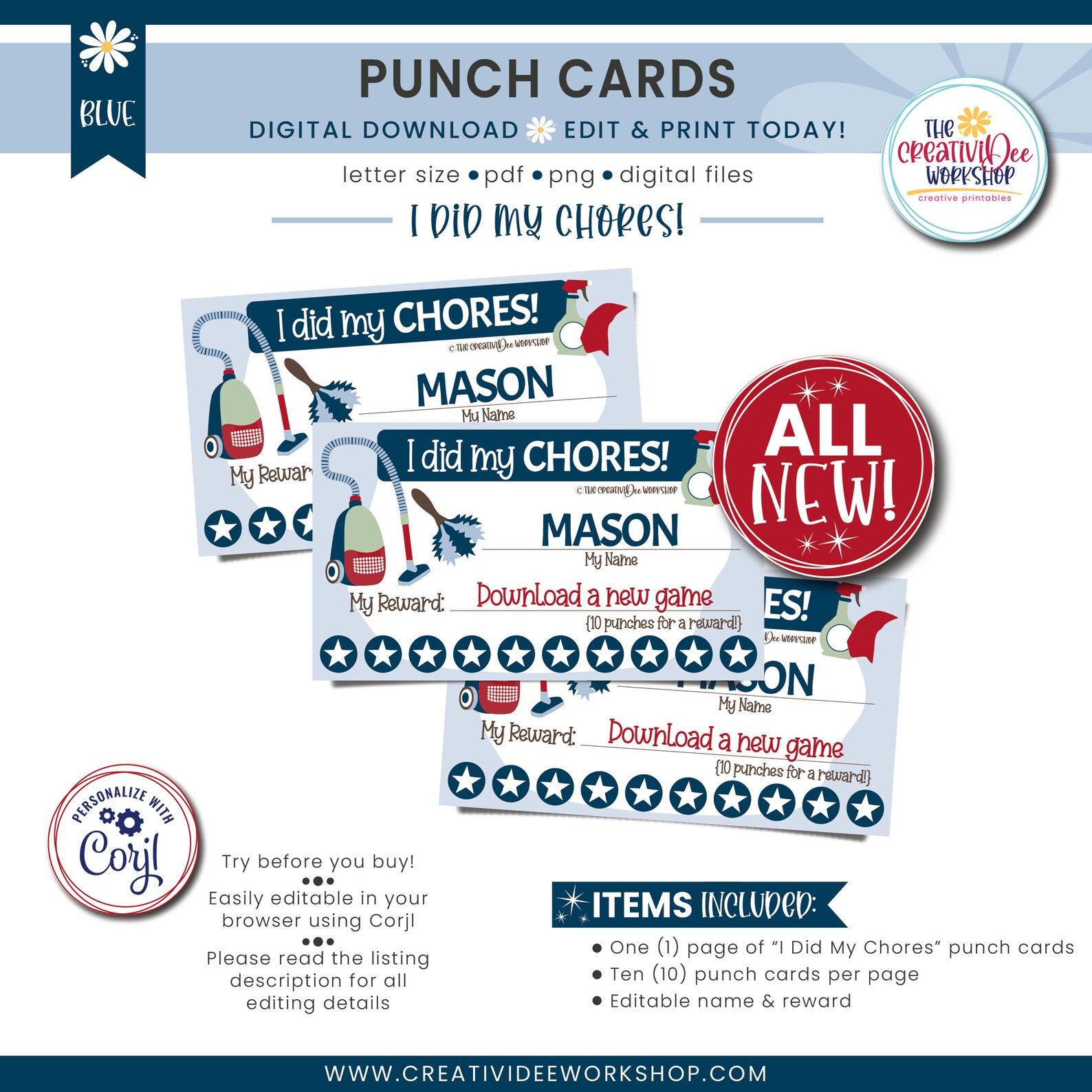 Printable Chore Punch Cards for Children, Editable Name and Reward ...