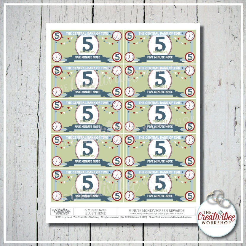 Printable Screen Time Reward Chart, Minute Money, Blue Theme (instant ...