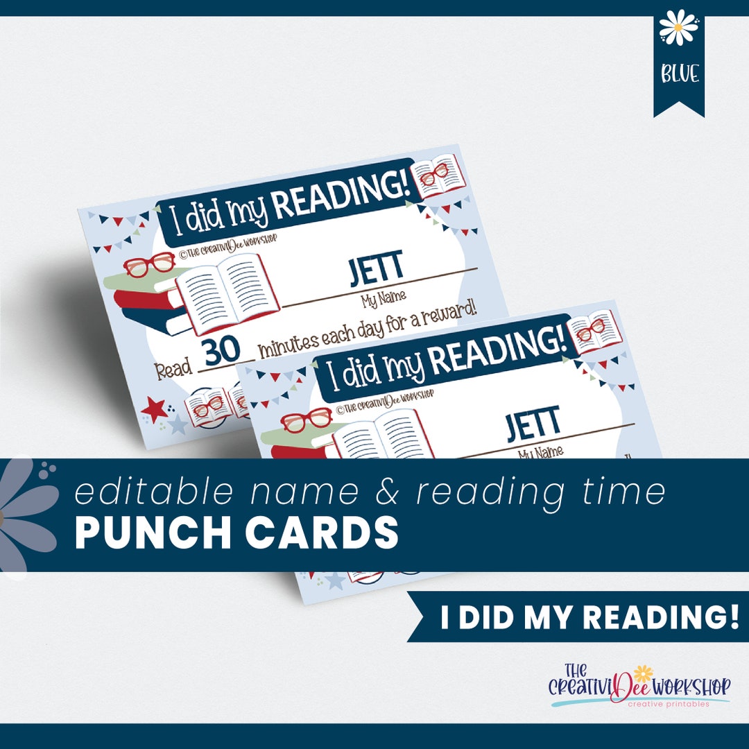 Printable Reading Punch Card for Kids, Editable Name and Time, Blue ...