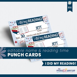 Printable Reading Punch Card for Kids, Editable Name and Time, Blue ...