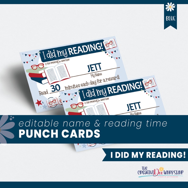 Printable Reading Punch Card for Kids, Editable Name and Time, Blue ...