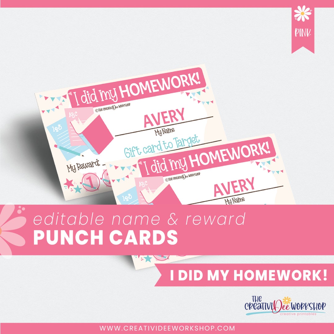 Homework Punch Card, Editable Name and Reward, Pink Printable Punch ...
