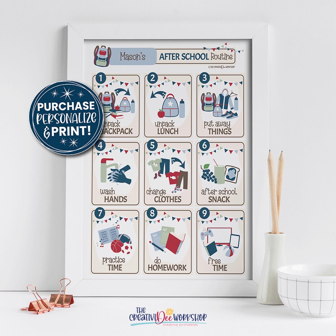 After School Routine Chart, Blue Daily Rhythm Chart, Kid's Personalized ...